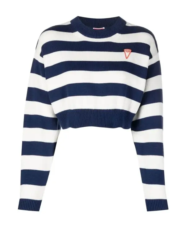 Kenzo Cropped Striped Crewneck Jumper With Logo Trim - White