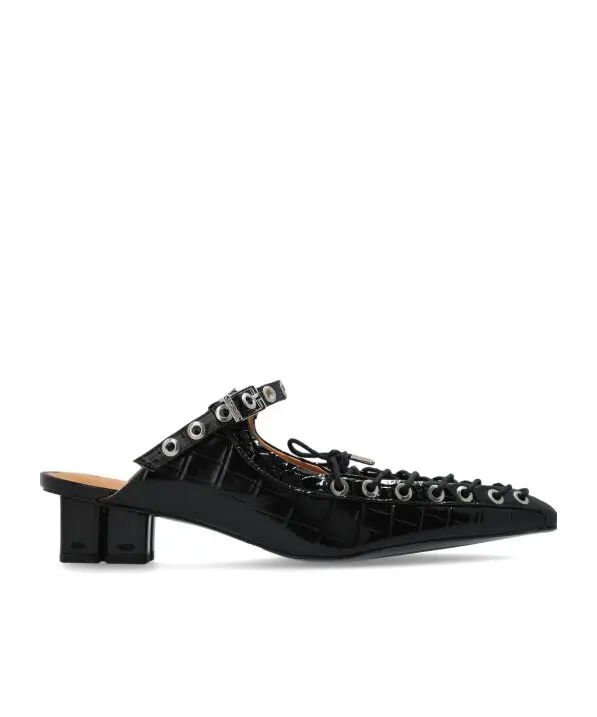 GANNI Lace-up Oleatex Mules - Black