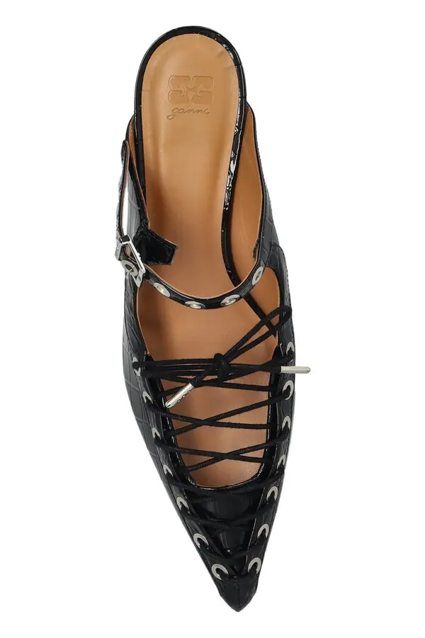 GANNI Lace-up Oleatex Mules - Black
