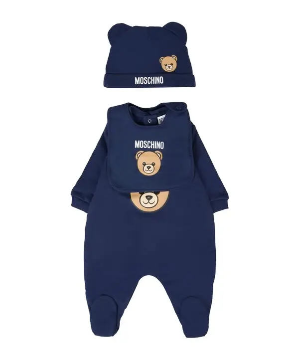Moschino Teddy Bear Print Babygrow Set With Hat And Bib - Blue