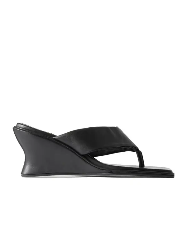 ST. AGNI Leather Wedge Sandals With Square Toe - Black