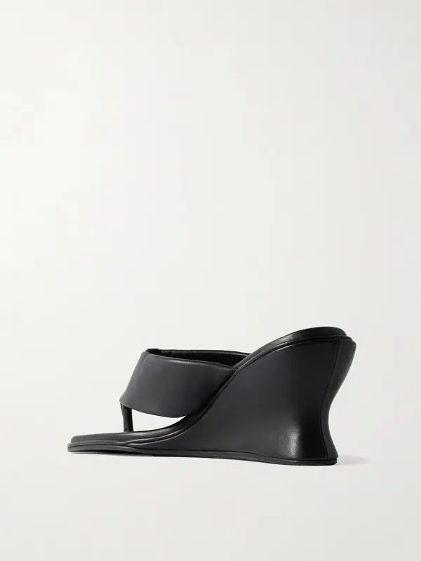 ST. AGNI Leather Wedge Sandals With Square Toe - Black