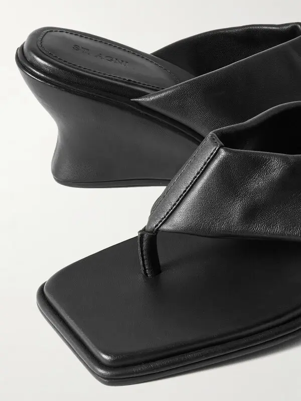 ST. AGNI Leather Wedge Sandals With Square Toe - Black