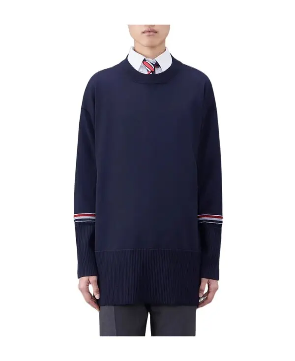 Thom Browne Crewneck Knitted Jumper With Button Detail And Satin Accents - Navy Blue