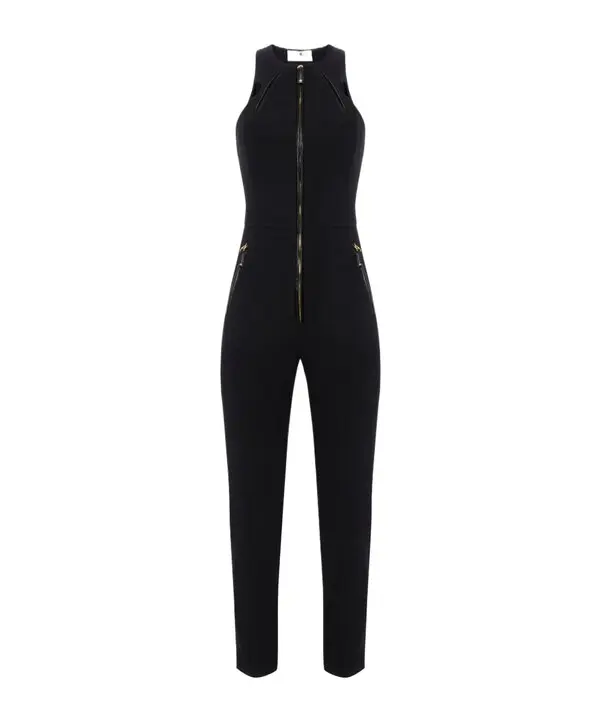 Elisabetta Franchi Double-layer Crepe Jumpsuit With Leather-effect Details - Black
