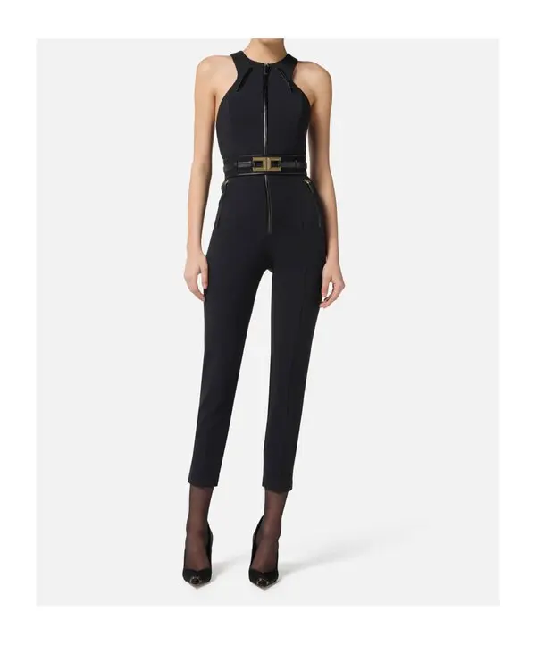 Elisabetta Franchi Double-layer Crepe Jumpsuit With Leather-effect Details