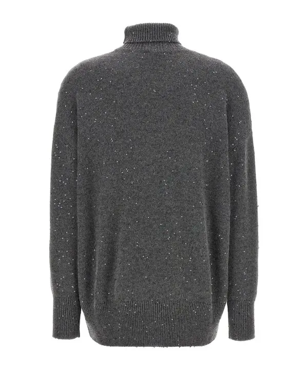 Brunello Cucinelli Embellished Sequin Knit Turtleneck Jumper - Black