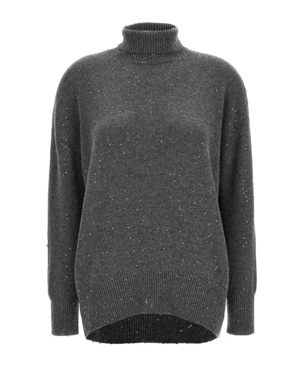 Brunello Cucinelli Embellished Sequin Knit Turtleneck Jumper - Black