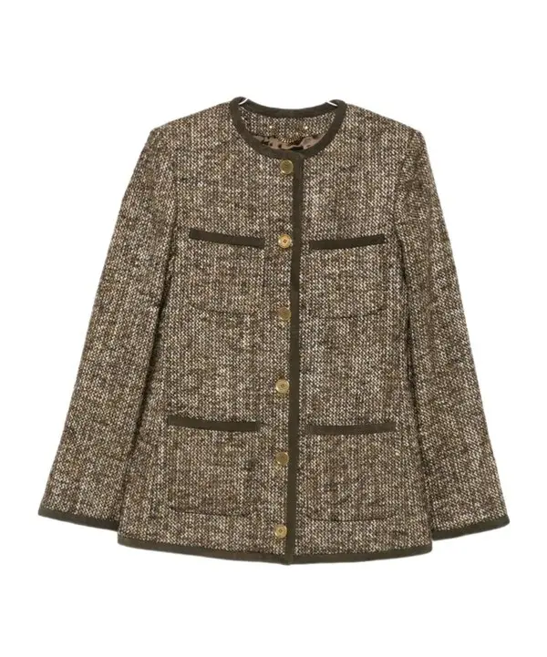 GOLDEN GOOSE Textured Crewneck Buttoned Tweed Jacket - Brown