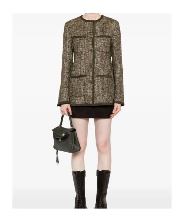 GOLDEN GOOSE Textured Crewneck Buttoned Tweed Jacket - Brown