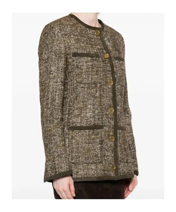 GOLDEN GOOSE Textured Crewneck Buttoned Tweed Jacket - Brown