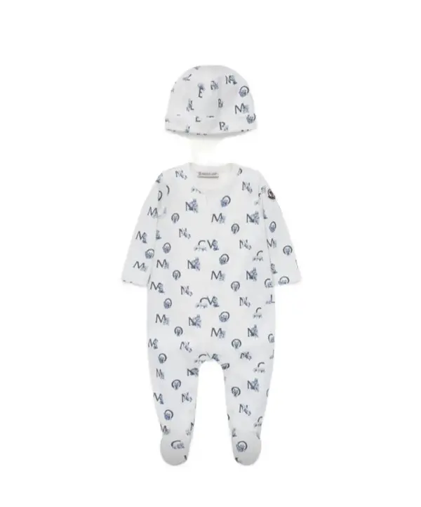 Moncler All-over Patterned Crewneck Rompers And Beanie Set - White/blue