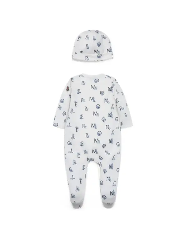 Moncler All-over Patterned Crewneck Rompers And Beanie Set - White/blue