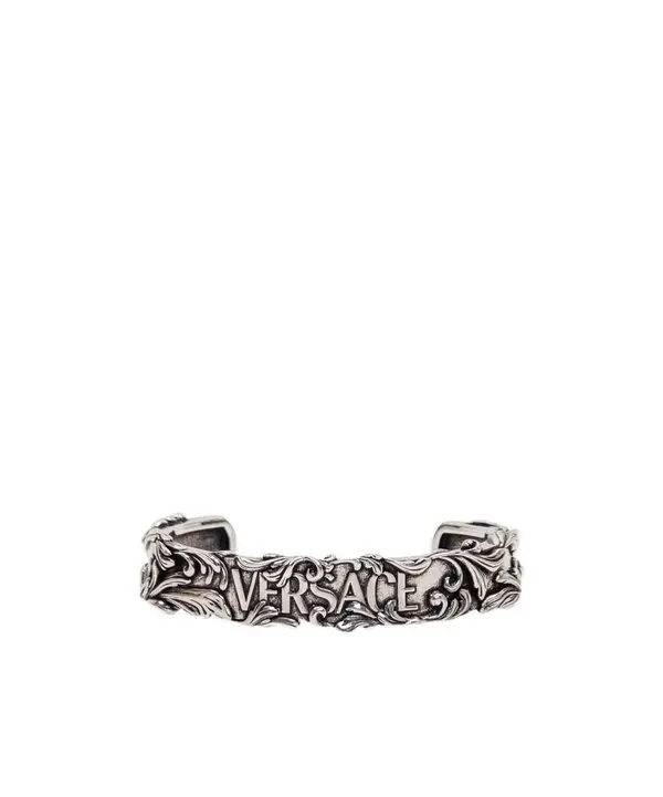 Versace Logo Detailed Open Cuff Bracelet - Black