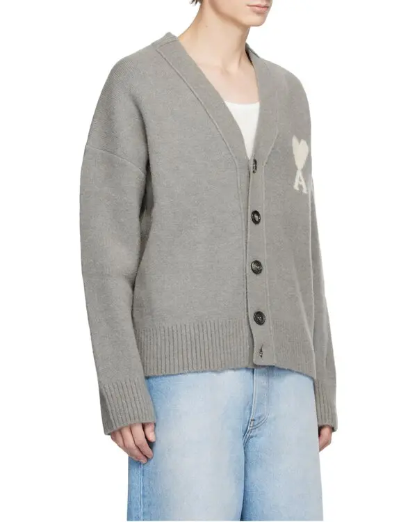 AMI Paris De Coeur Knitted Cardigan - Gray