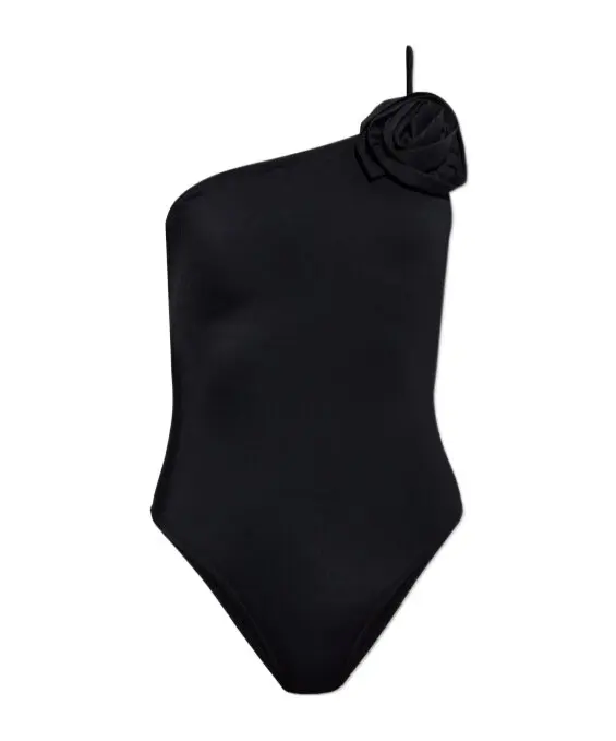 Moschino One Shoulder Swimsuit With Rose Appliqu - Black