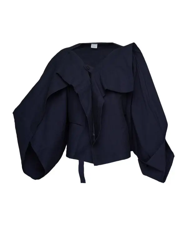 Issey Miyake V-neck Ruffled Blouse With Draped Front - Midnight Navy Blue
