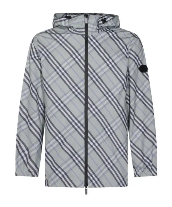 Burberry Checked Hooded Jacket With Logo Patch - Gray