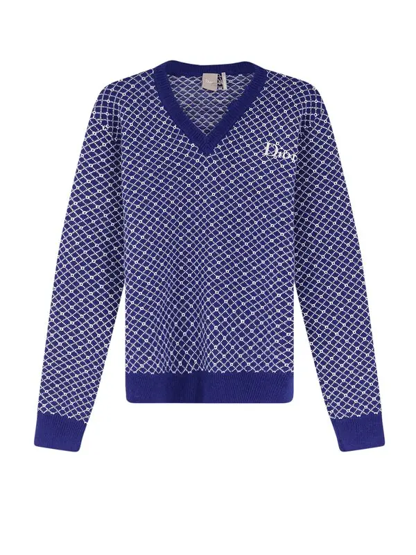 Dior Jacquard V-neck Knitted Jumper - Blue