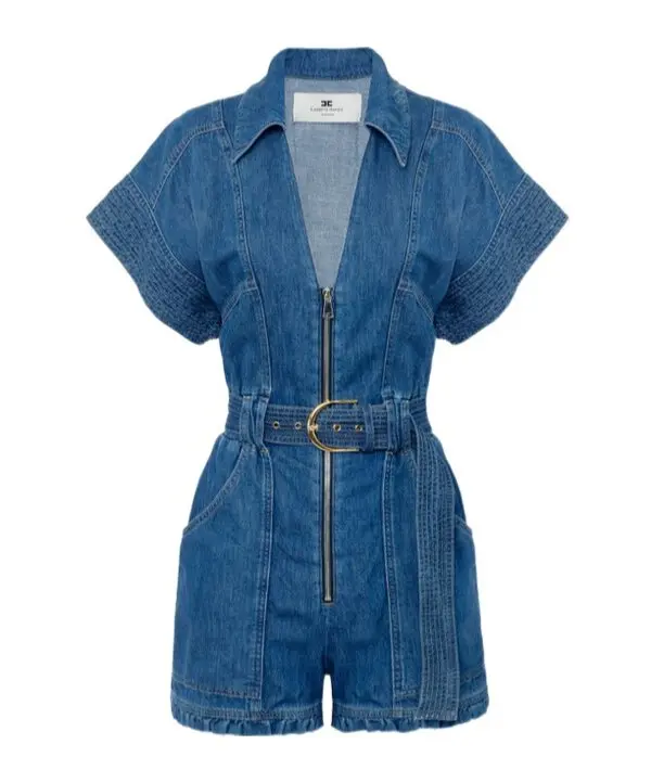 Elisabetta Franchi Denim Romper With Belt - Blue