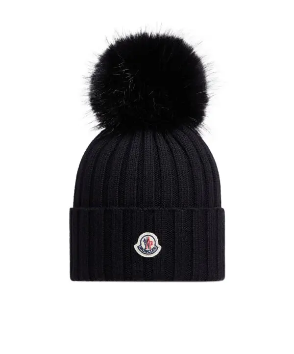 Moncler Pom Pom Logo Patch Beanie - Black