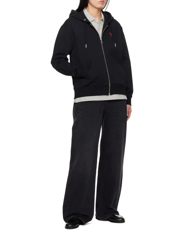 AMI Paris Logo Detailed Zip-up Hoodie - Black