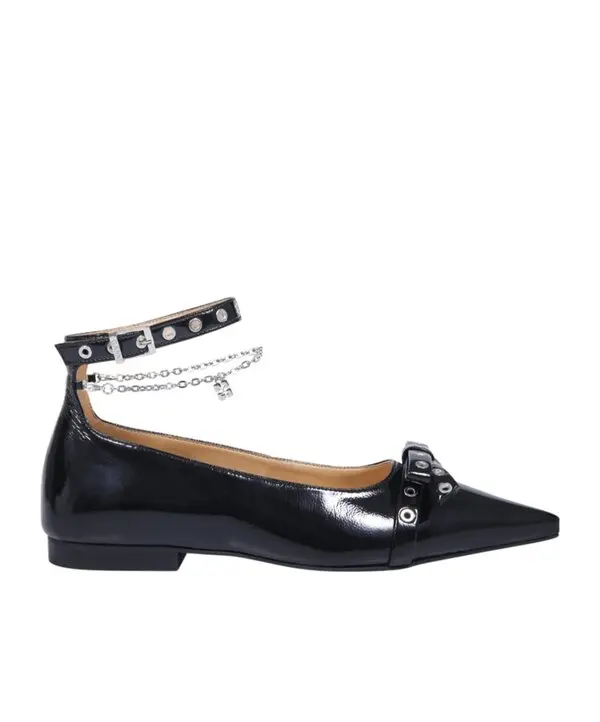 GANNI Bow-detailed Pointed Toe Ballet Flats With Chain Ankle Strap - Black