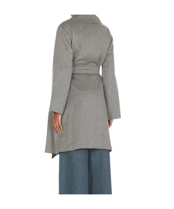 Max Mara Belted Long-sleeved Coat With Lace Detailing - Gray