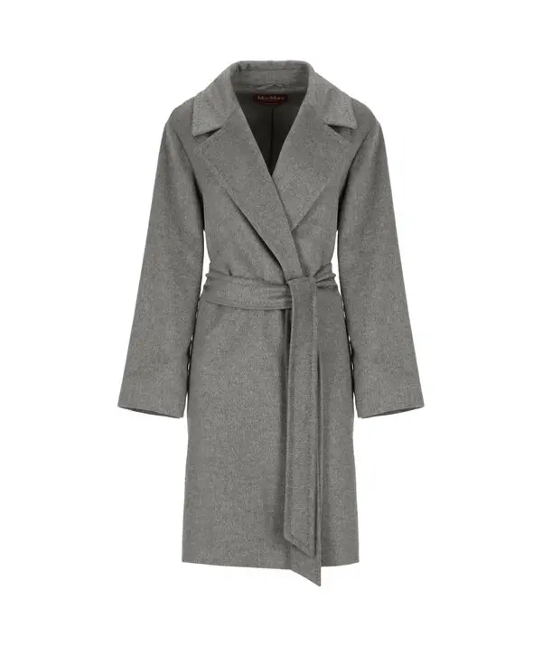 Max Mara Belted Long-sleeved Coat With Lace Detailing - Gray