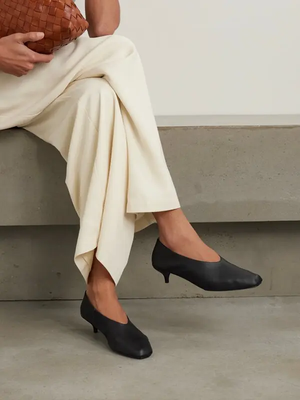 ST. AGNI Leather Square Toe Kitten Heels - Black