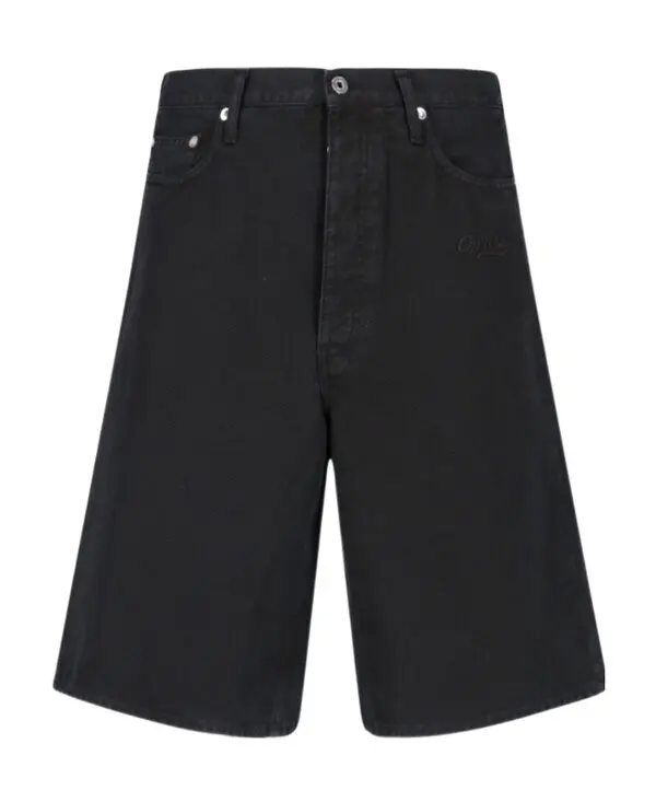 Off-White Logo Embroidered Wide Leg Denim Shorts - Black