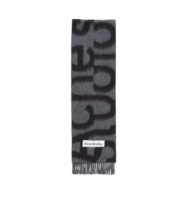 Acne Studios Logo Patch Fringed Edge Scarf - Black/gray