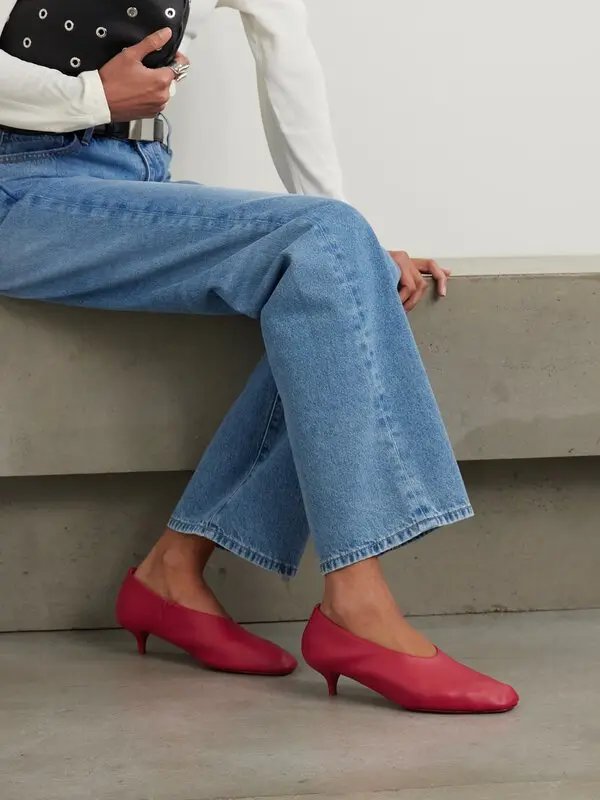 ST. AGNI Leather High Heels With Square Toe And Kitten Heel - Red