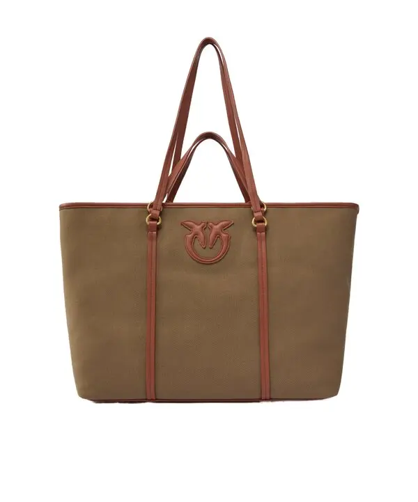 Pinko Maxi Shopper Bag In Recycled Canvas With Two Sets Of Handles - Green
