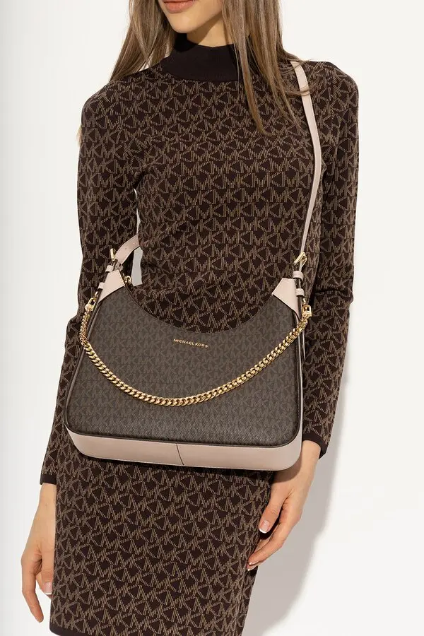 Michael Kors Monogram Pattern Satchel Bag With Chain Strap - Brown