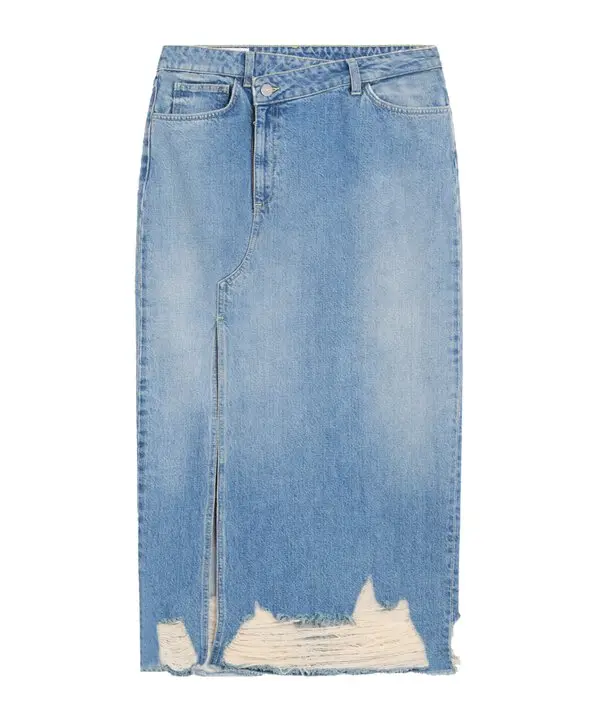DONDUP Distressed Midi Denim Skirt With Asymmetrical Belt - Blue