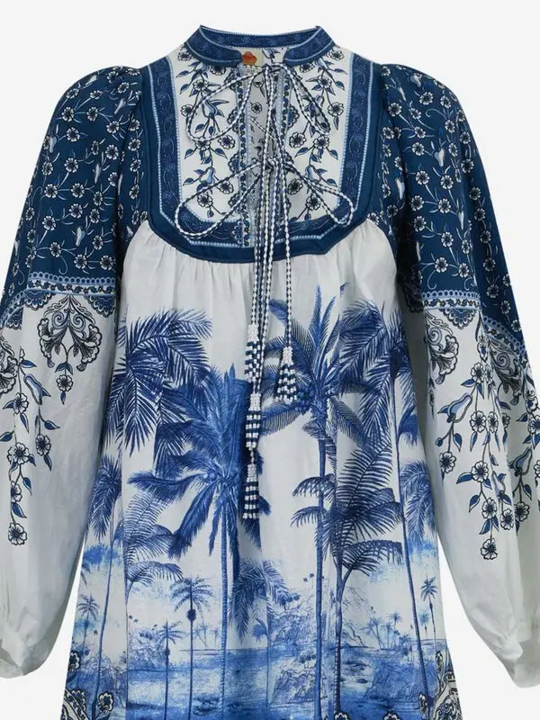 Farm Rio Long Sleeve Palm Tree Print Mini Dress