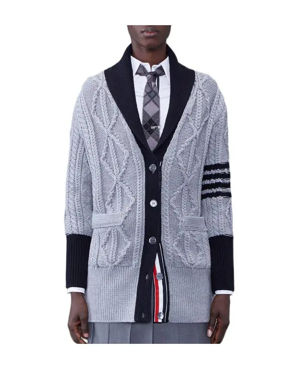 Thom Browne 4-bar Stripe" Shawl Collar Cardigan - Light Gray