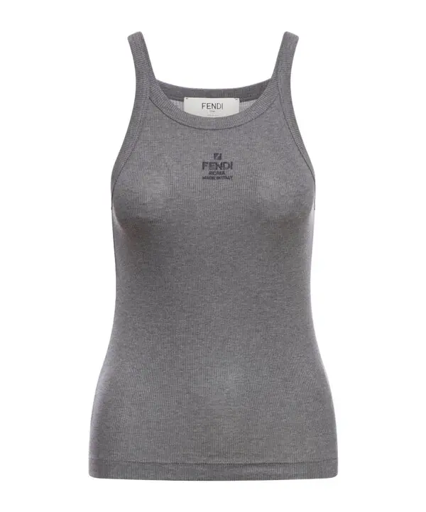Fendi Sleeveless Ribbed Top With Logo Embroidery - Grey