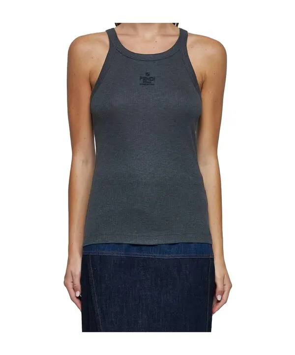 Fendi Sleeveless Ribbed Top With Logo Embroidery - Grey
