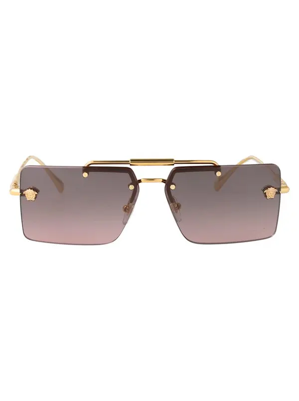 Versace Rectangular Frame Sunglasses With Gold Tone Accents - Gray