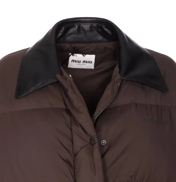 Miu Miu Quilted Down Jacket With Leather Collar - Brown