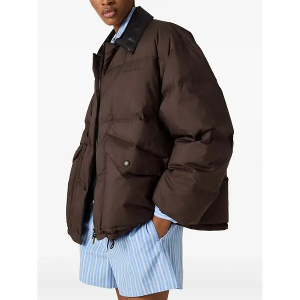 Miu Miu Quilted Down Jacket With Leather Collar - Brown