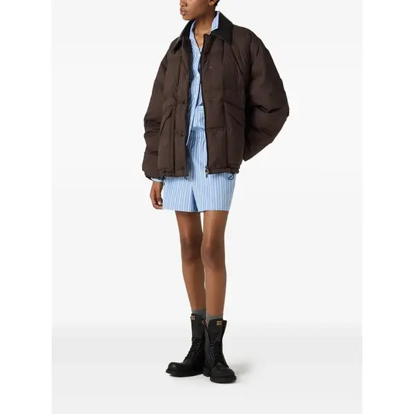 Miu Miu Quilted Down Jacket With Leather Collar - Brown
