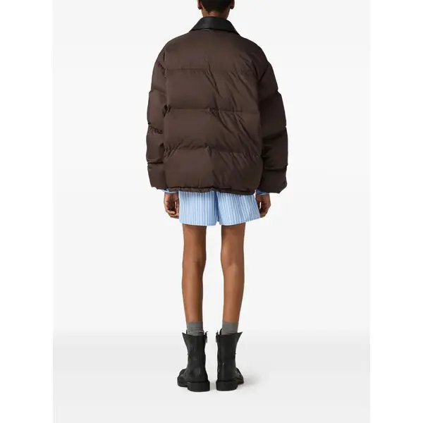 Miu Miu Quilted Down Jacket With Leather Collar - Brown