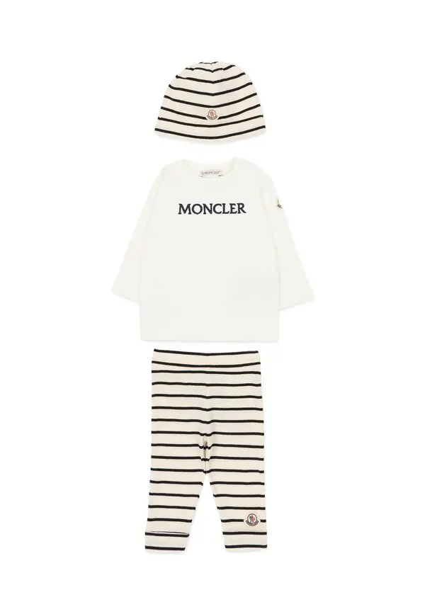 Moncler Logo Embroidered T-shirt, Striped Pants, And Hat Set - White