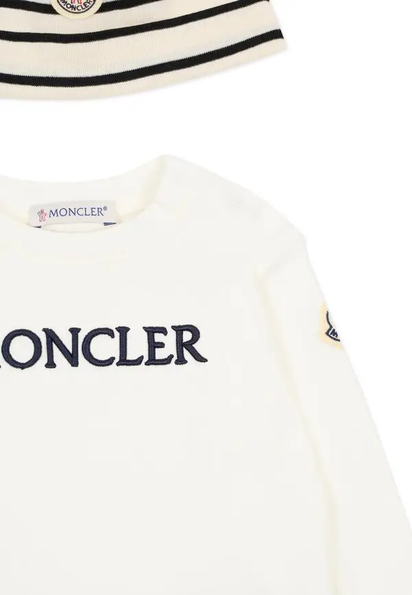Moncler Logo Embroidered T-shirt, Striped Pants, And Hat Set