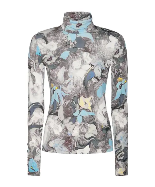Tory Burch Floral Print Turtleneck Long Sleeve Top
