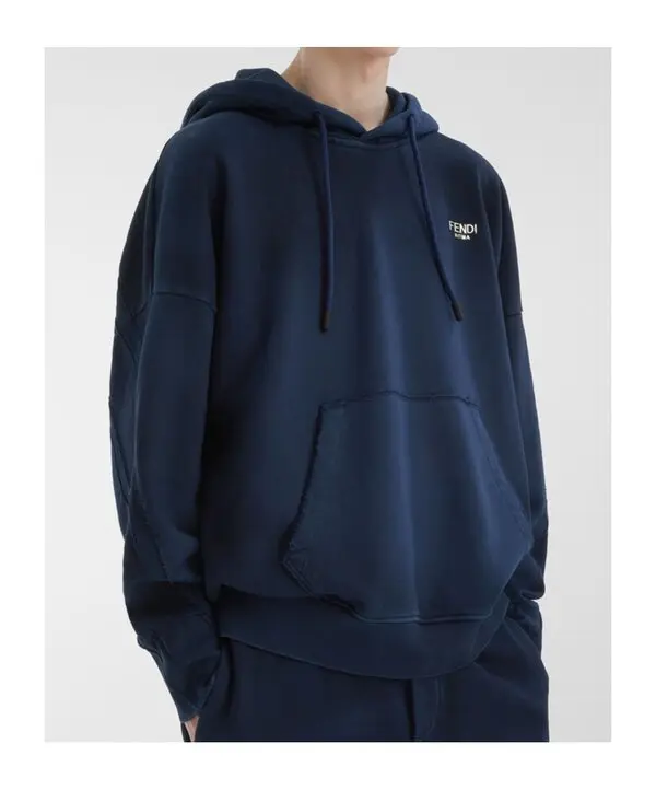Fendi Logo Lettering Drawstring Hoodie - Blue