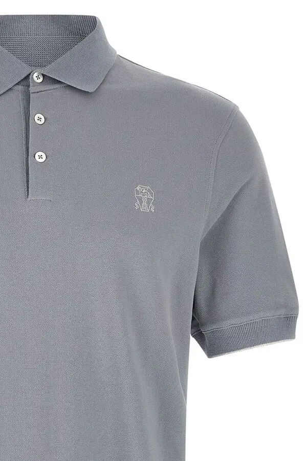 Brunello Cucinelli Logo Detailed Short Sleeved Polo Shirt - Gray